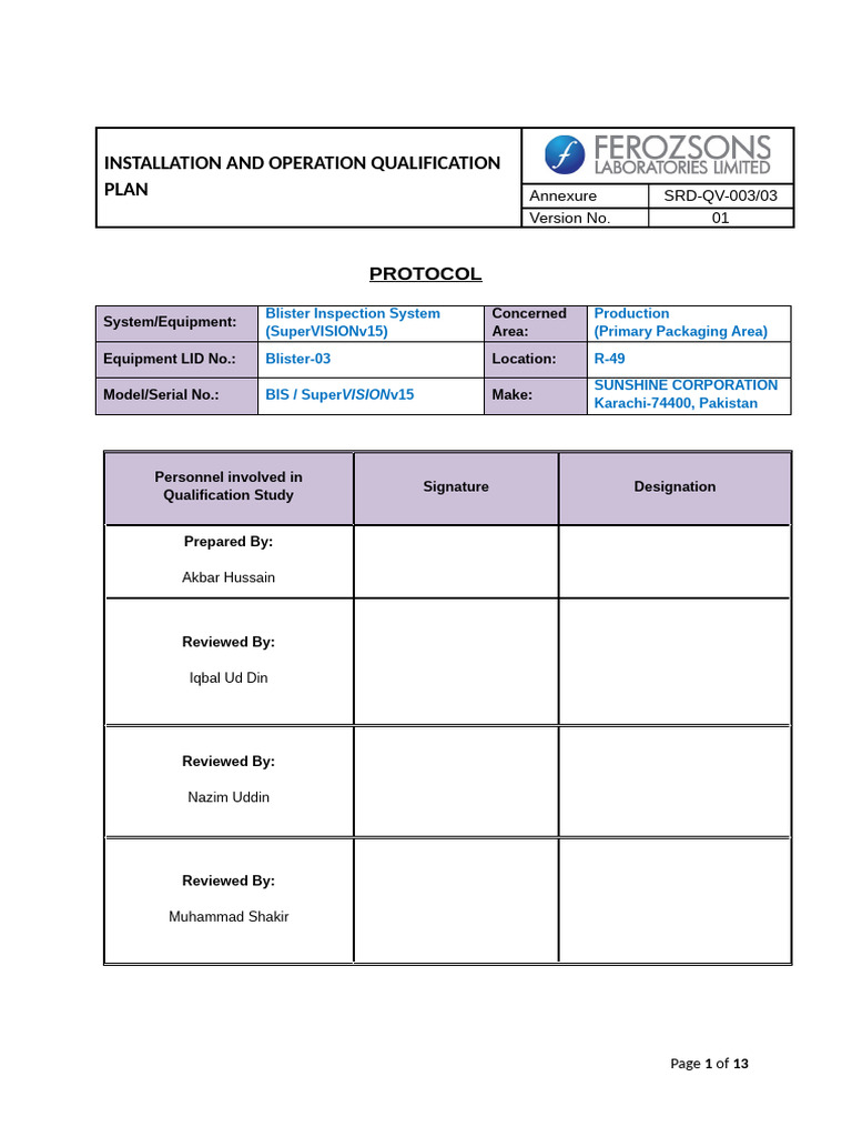 Blister Inspection System Qualification Plan | PDF | Power Supply ...