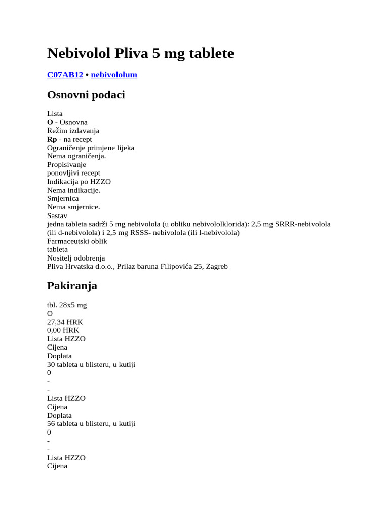 Nebivolol Pliva 5 MG Tablete | PDF