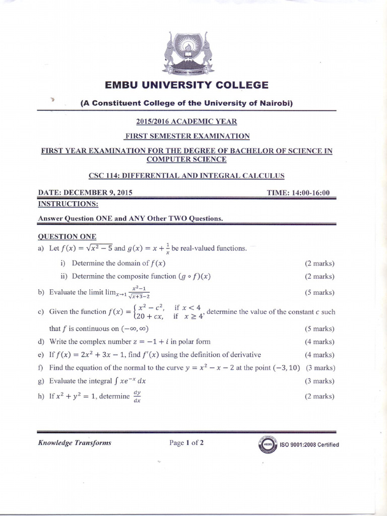 CSC 114 - Differential and Integral Calculus | PDF