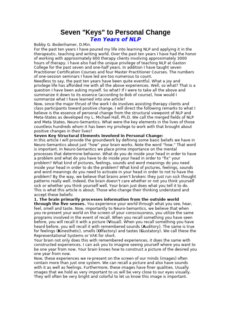 Seven Keys to Personal Change in NLP | PDF | Thought | Mind