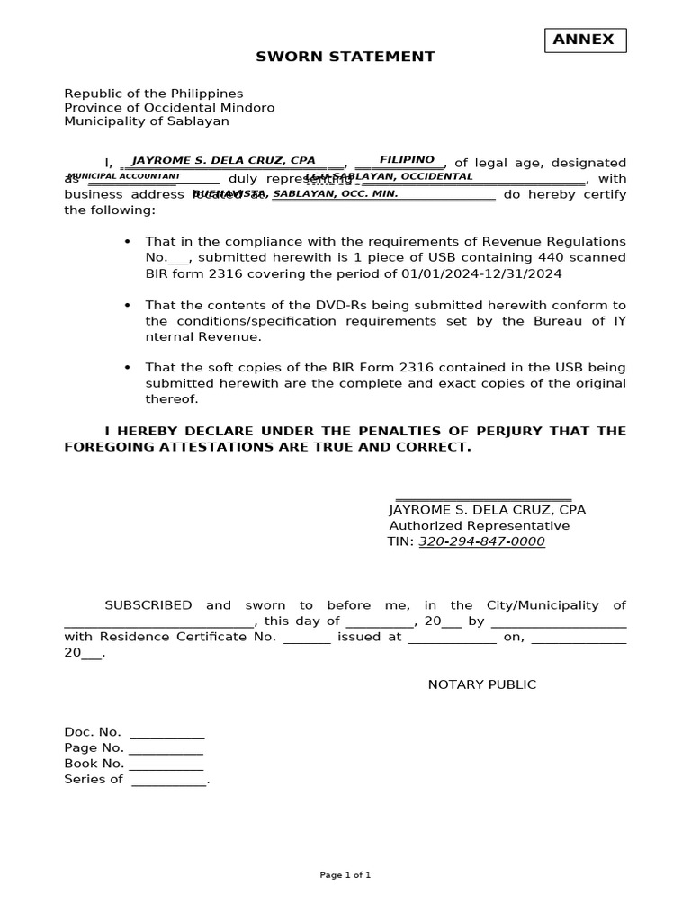 Sworn Statement for BIR Form 2316 Submission | PDF