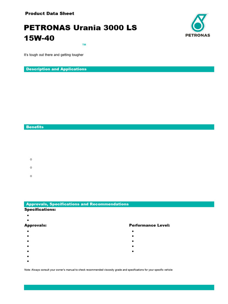 PETRONAS Urania 3000 LS 15W-40 Data Sheet | PDF | Safety | Viscosity