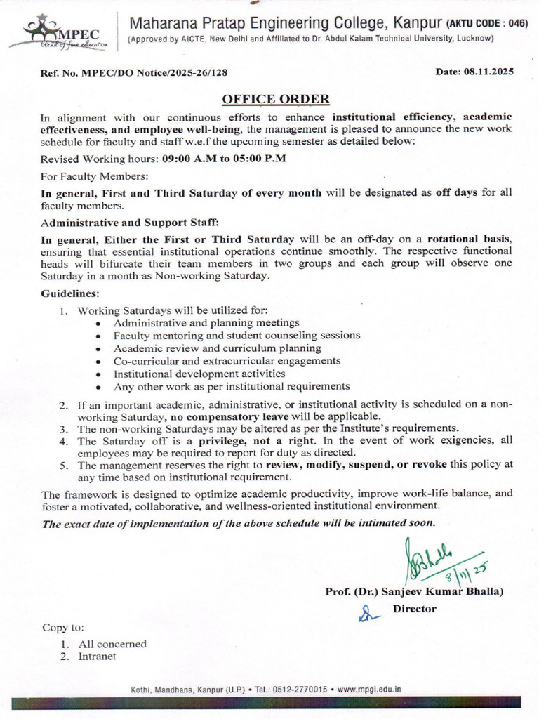 Revised Working Hours For Faculty & Staff | PDF