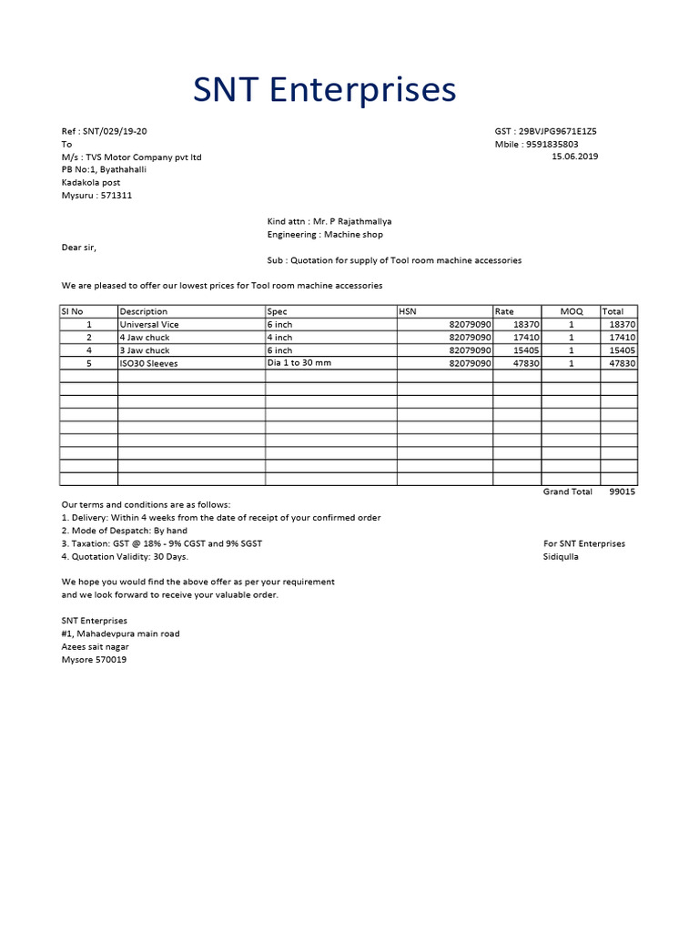 Quotation 029 TVS Motor Tool Room Accessories | PDF