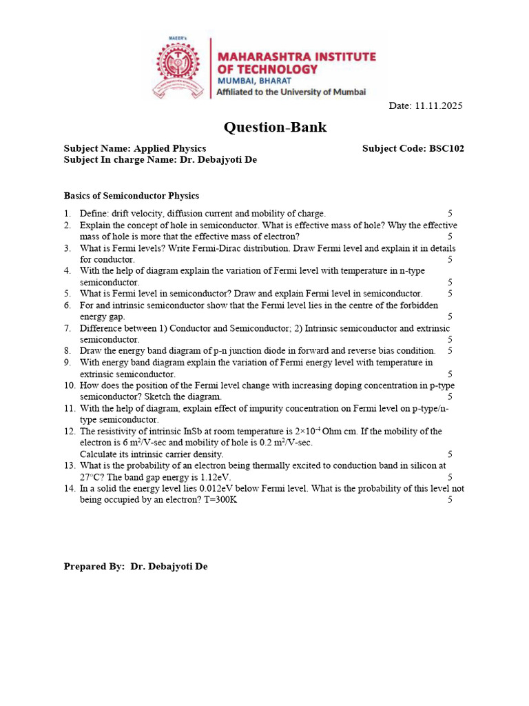 Applied Physics Question Bank: Semiconductors | PDF | Semiconductors ...