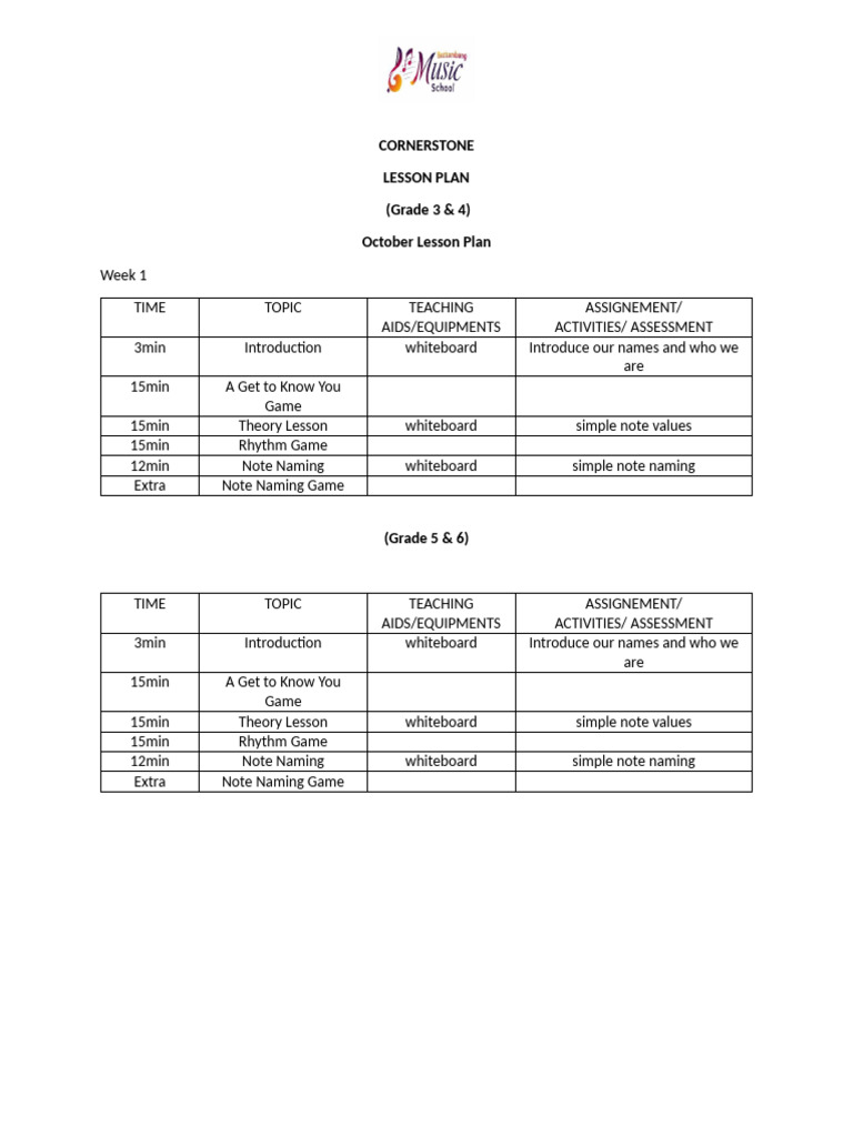 Grade 3-4 October Music Lesson Plan | PDF