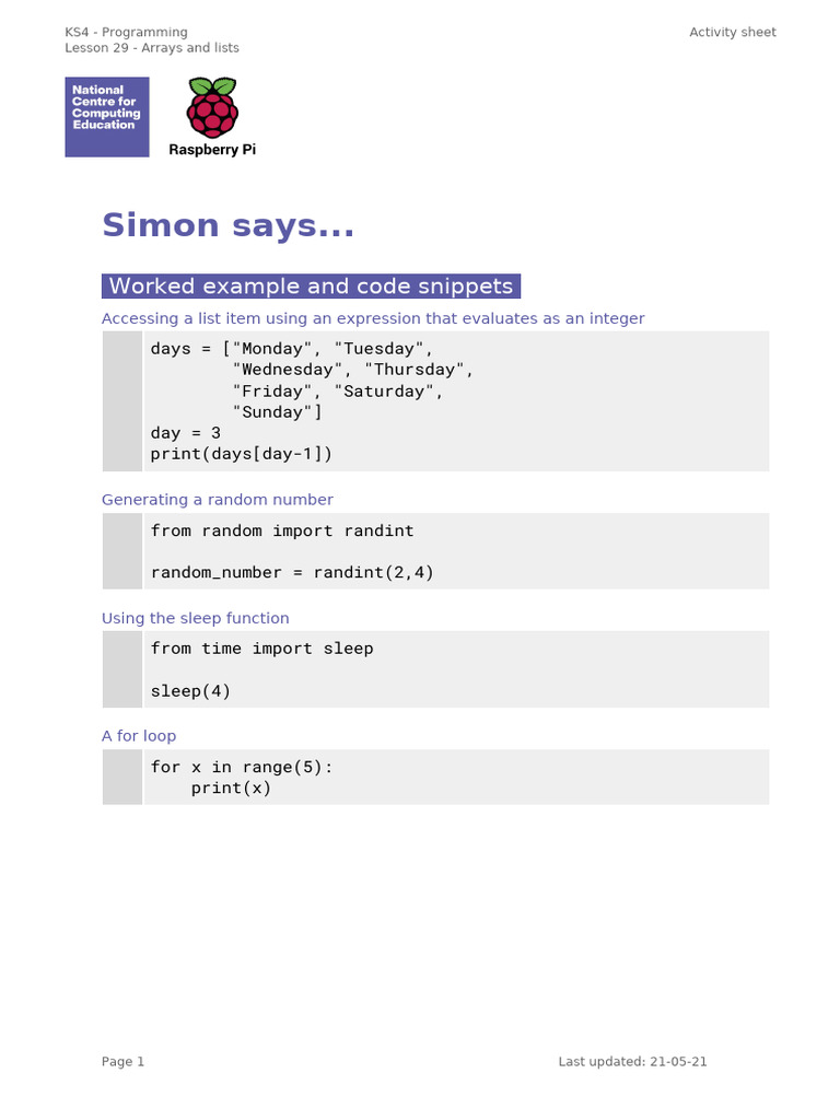 KS4 Programming: Arrays & Lists Activity | PDF | Computer Science ...