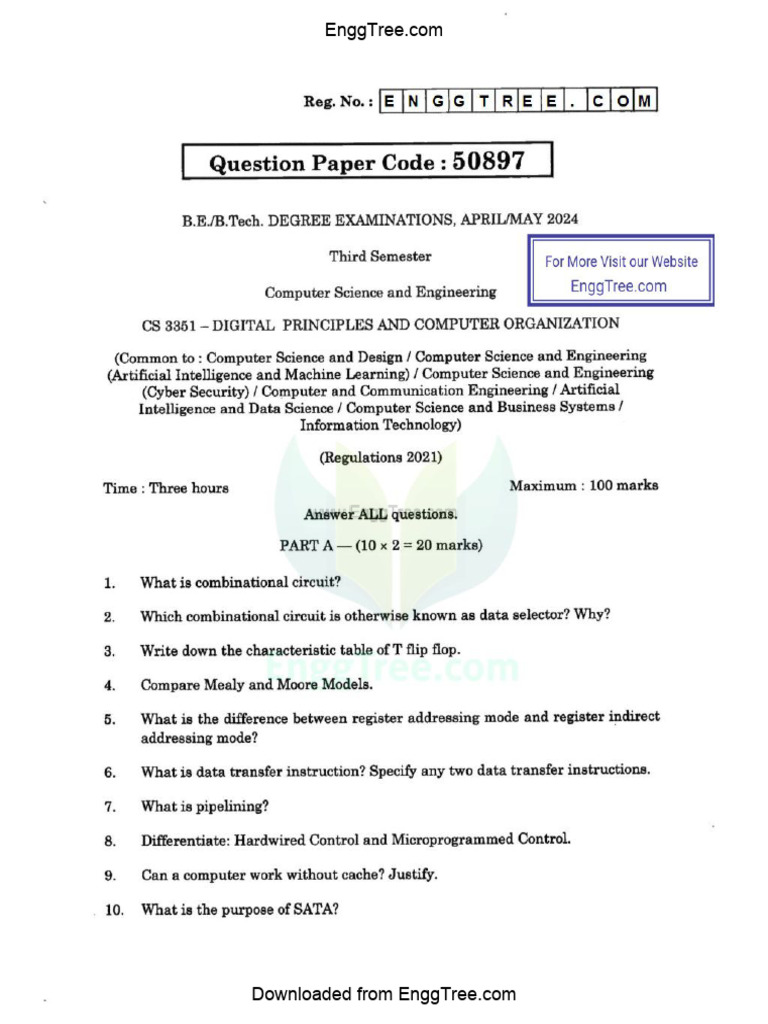 CS3351 Digital Principles and Computer Organization Apr May 2024 Question Paper Download | PDF