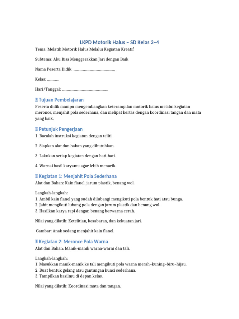 Latihan Motorik Halus untuk SD Kelas 3-4 | PDF