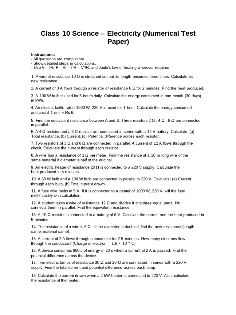 Class 10 Science Electricity Test Paper | PDF | Series And Parallel ...