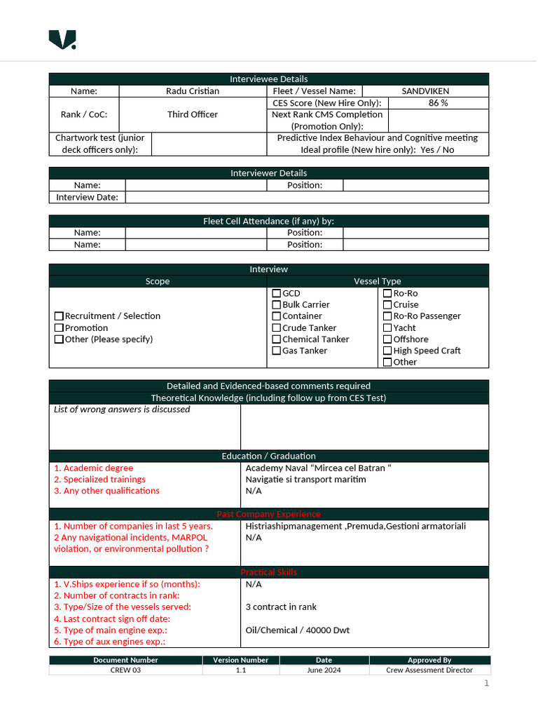 Crew 03 - Seafarer Interview Form Copie Copie Copie 2 | PDF | Oil ...