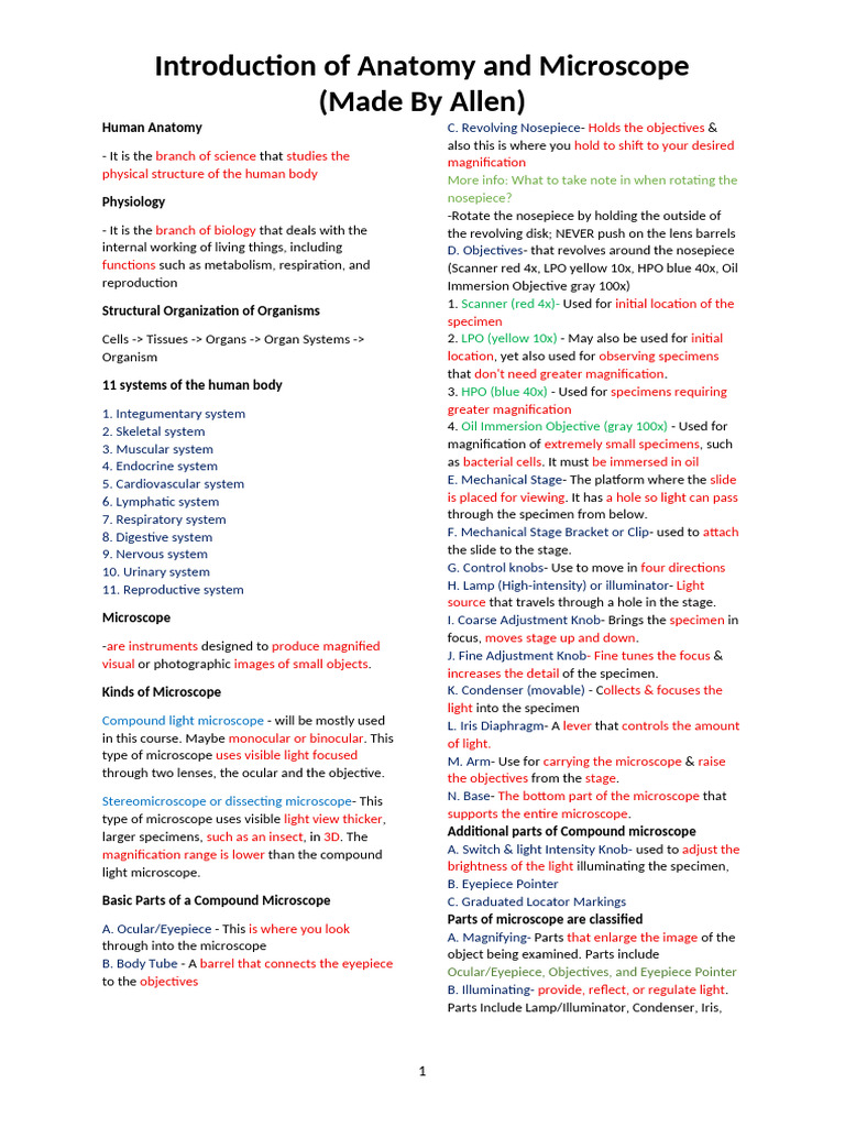 Anatomy and Microscope Overview Guide | PDF | Microscope | Scientific ...