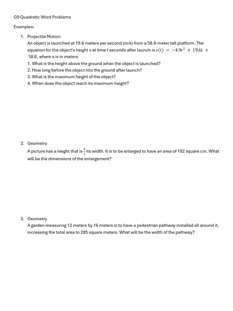 G9 Quadratic Word Problems | PDF | Area | Length