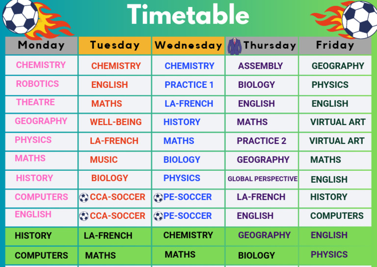 Green Yellow Illustration School Timetable | PDF
