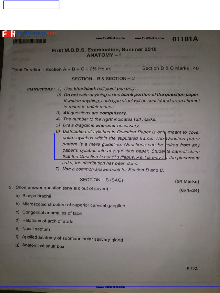 FR Anatomy Paper I Question Paper | PDF