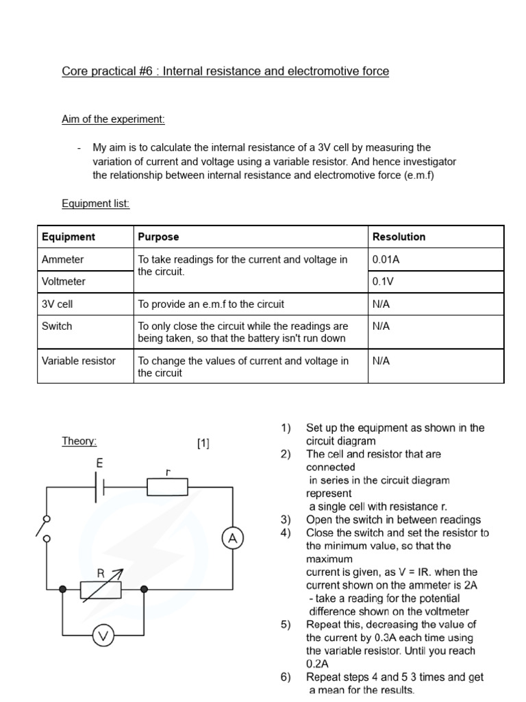 Core Practical #6 - Internal Resistance and Electromotive Force | PDF ...