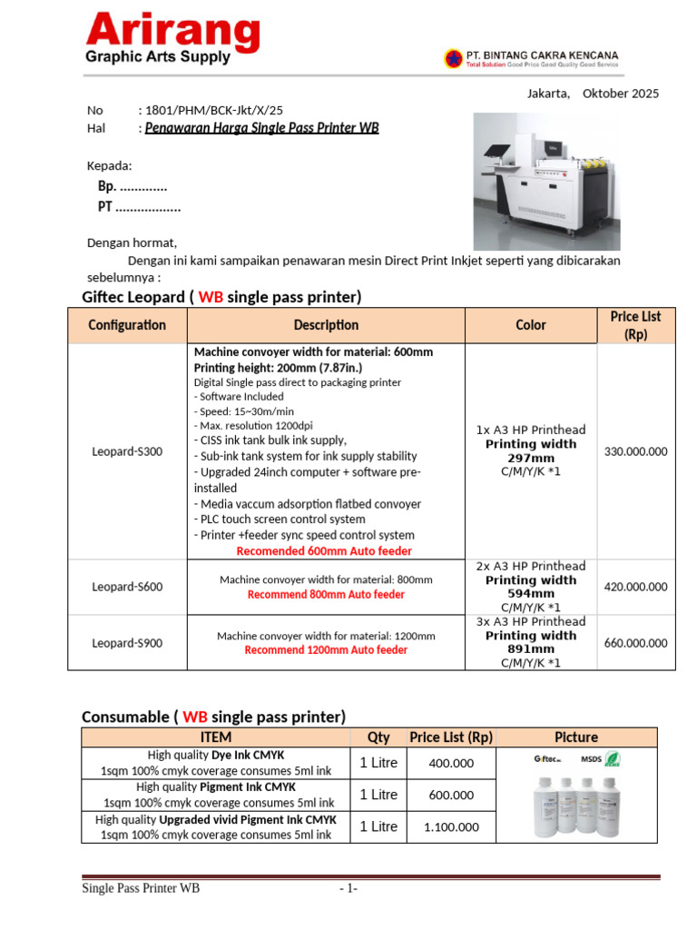 Template Penawaran Leopard WB Single Pass Printer (1) | PDF | Printer (Computing) | Printing