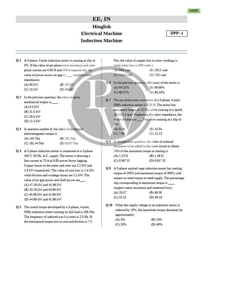 Induction Machine - DPP 04 (By Varun Sir) | PDF | Electric Motor ...