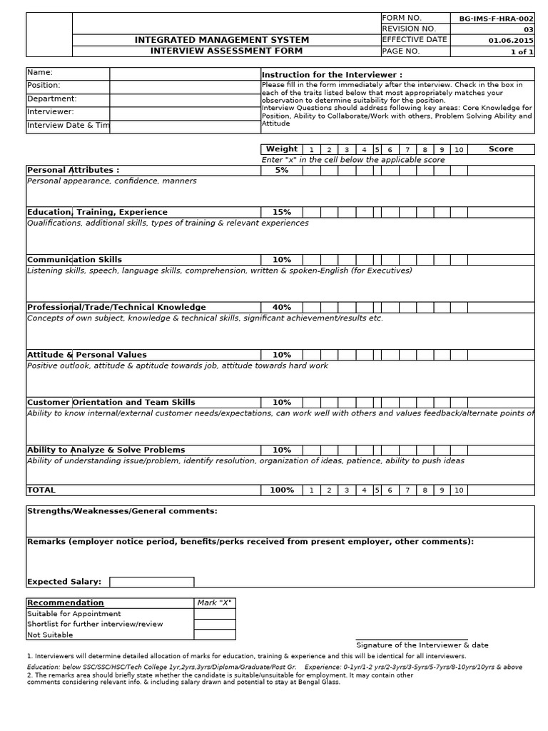 Hr-Interview Assessment Form | PDF | Knowledge | Skill