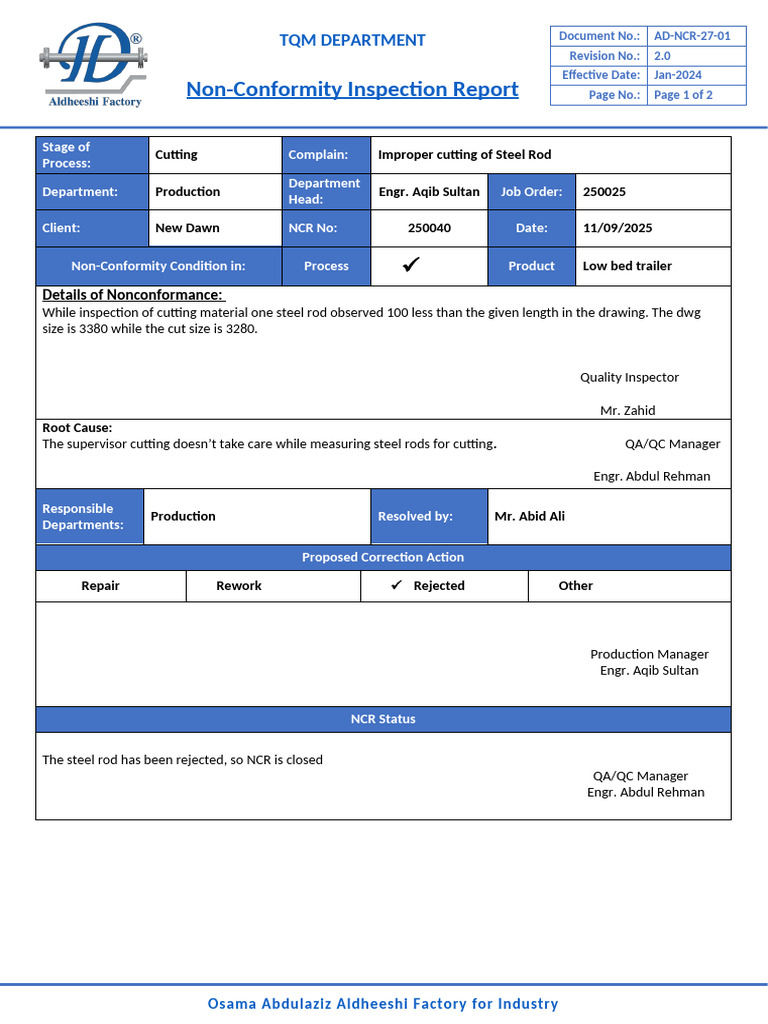 AD NCR 250040 Non-Conformity Inspection | PDF