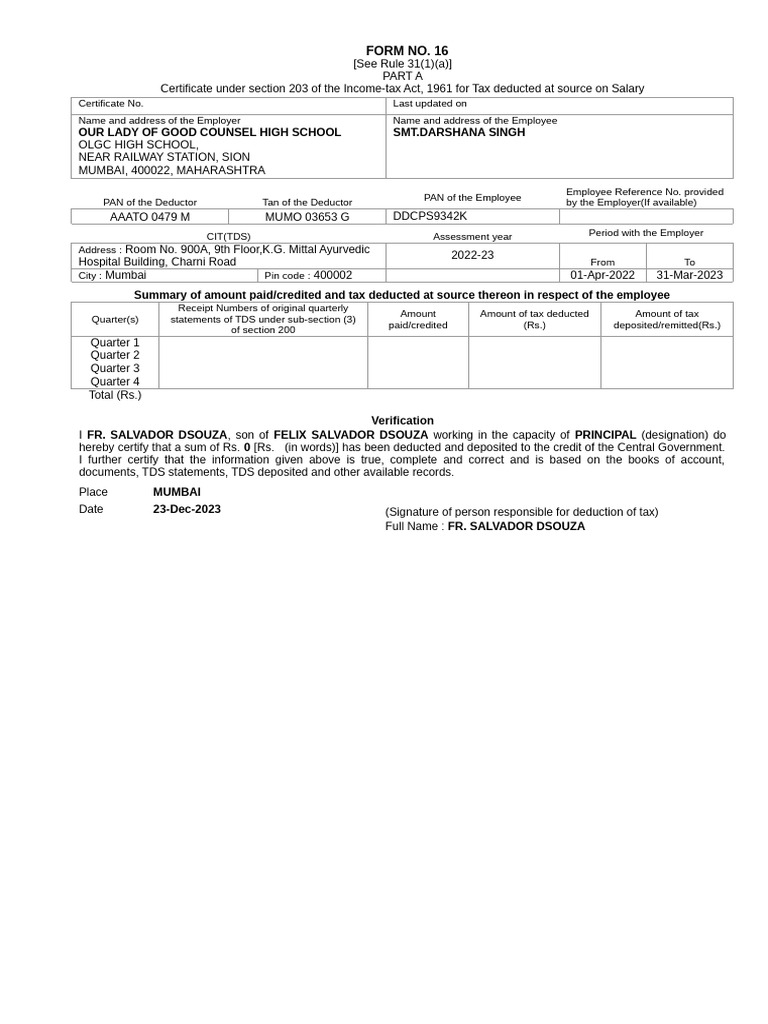 Form16 Darshana Singh | PDF | Tax Deduction | Taxes