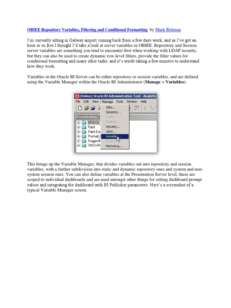 OBIEE Repository Variables | PDF | Variable (Computer Science) | Oracle Database