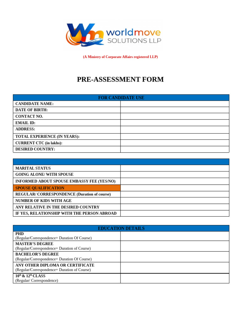 Pre-Assessment Form_Worldmove Solutions LLP (002) | PDF