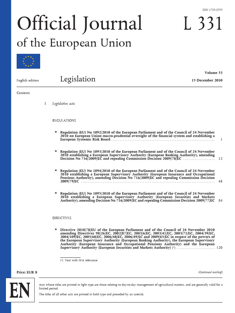 EU Financial Oversight Regulations 2010 | PDF | Directive (European ...
