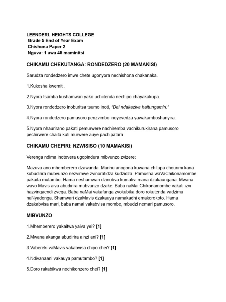 Grade 5 Chishona Exam Paper 2 | PDF | Languages | Foreign Language Studies