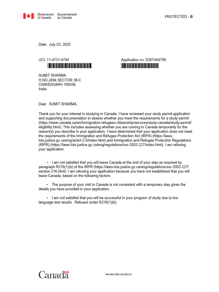 Study Permit Application Refusal Notice | PDF | Immigration Law ...