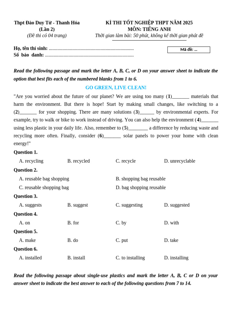 15. THPT Đào Duy Từ - Thanh Hóa (Lần 2) (Tốt Nghiệp THPT 2025 Môn Tiếng Anh) | PDF | Plastic ...