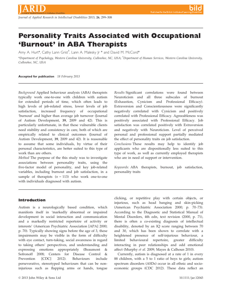 Personality Traits Associated With Occupational Burnout in ABA ...