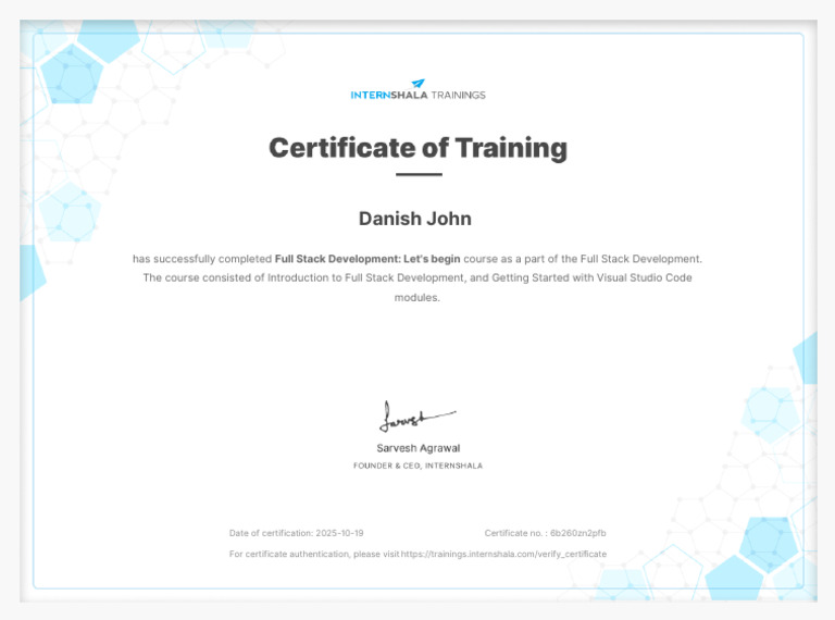 Full Stack Development - Let's Begin Training - Certificate of ...