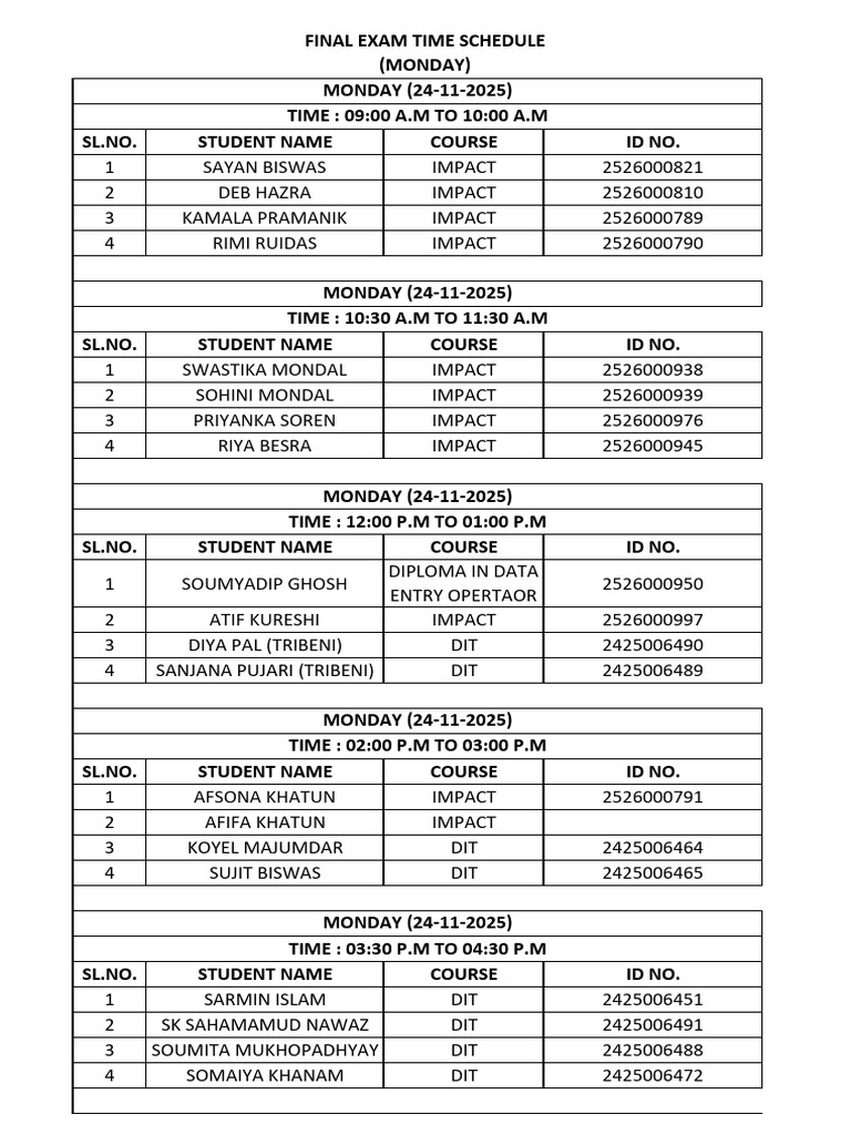 Final Exam Time Schedule (Monday) | PDF