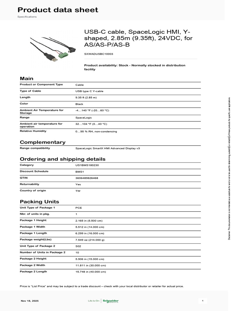 USB-C Y-Cable for SpaceLogic HMI | PDF | Materials | Economy And The ...