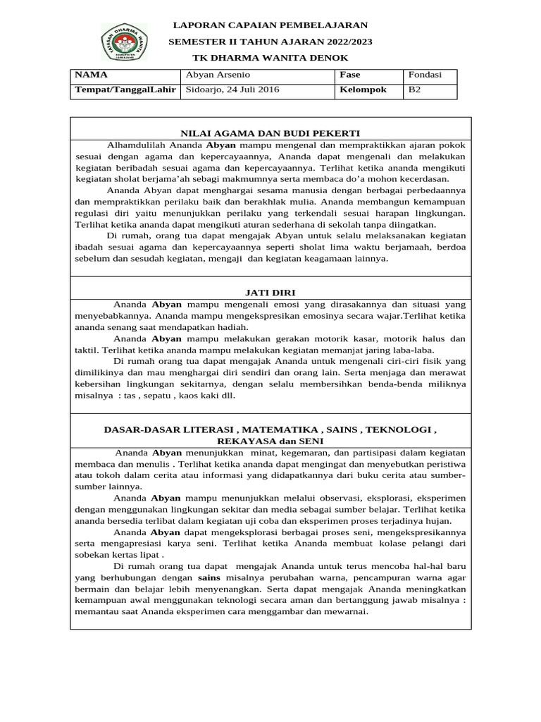 Contoh Rapot Semesterr 2 | PDF