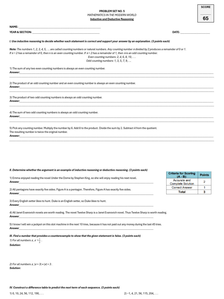 PROBLEM SET NO.5 Inductive Deductive Reasoning | PDF | Natural Number | Numbers