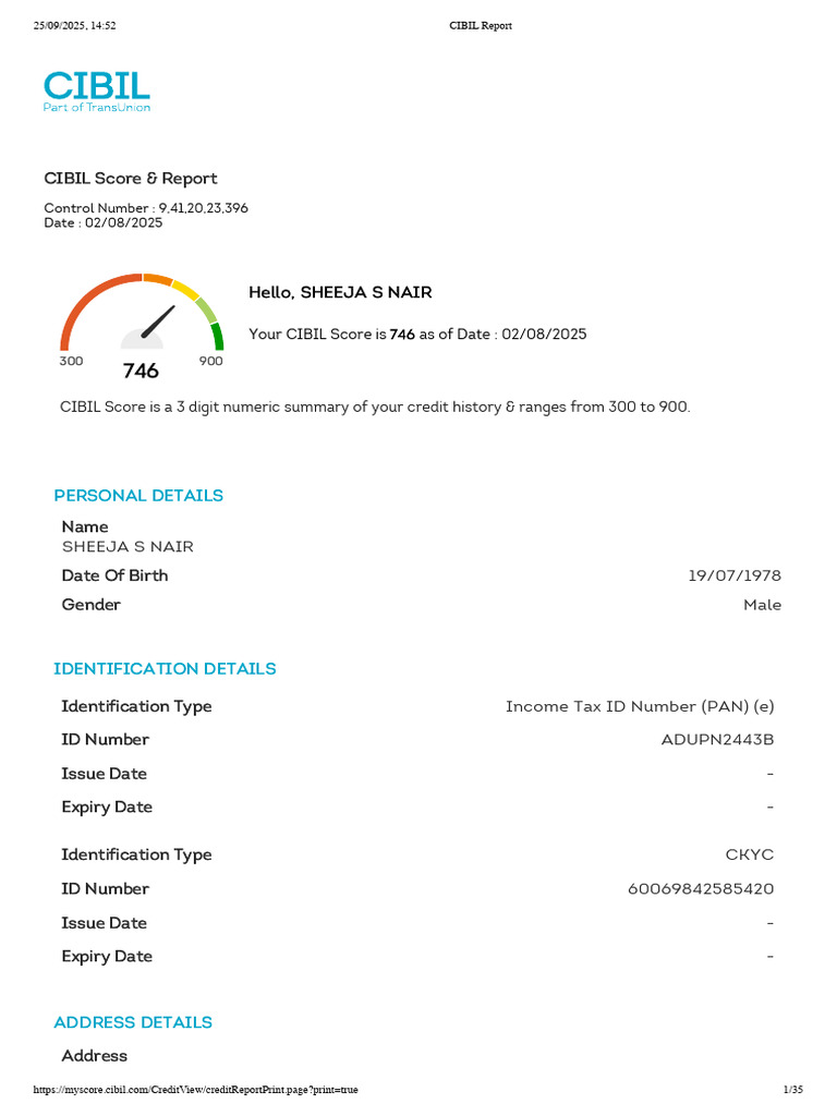 CIBIL Score Report for Sheeja Nair | PDF | Finance & Money Management ...
