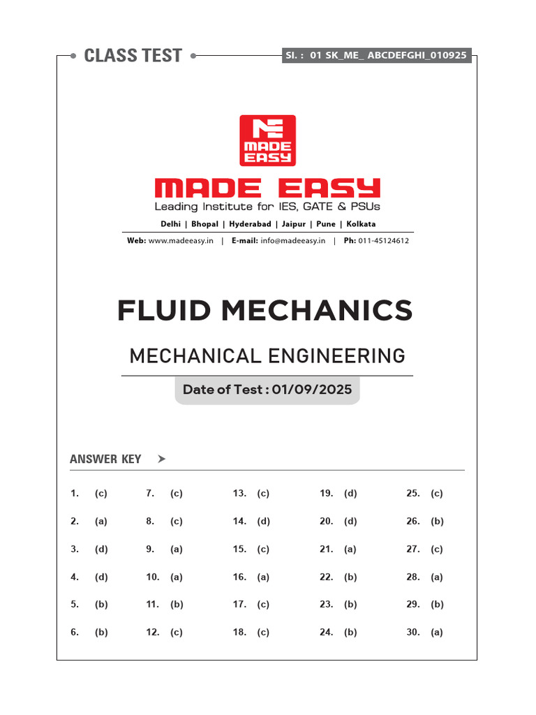 Fluid Mechanics Class Test Answer Key | PDF | Pressure | Fluid Dynamics