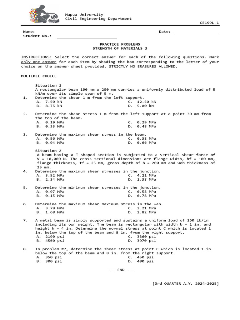 C2 Practice Strema 3 3Q2425 | PDF | Beam (Structure) | Stress (Mechanics)
