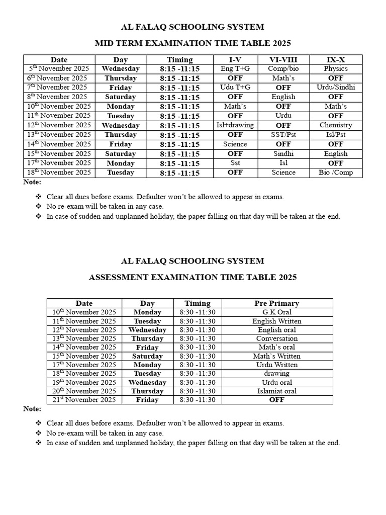 Mid Term Time Table 2025 | PDF