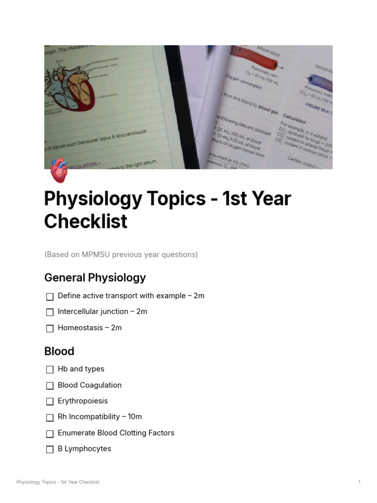 Physiology Topics - 1st Year Checklist | PDF | Blood | Heart