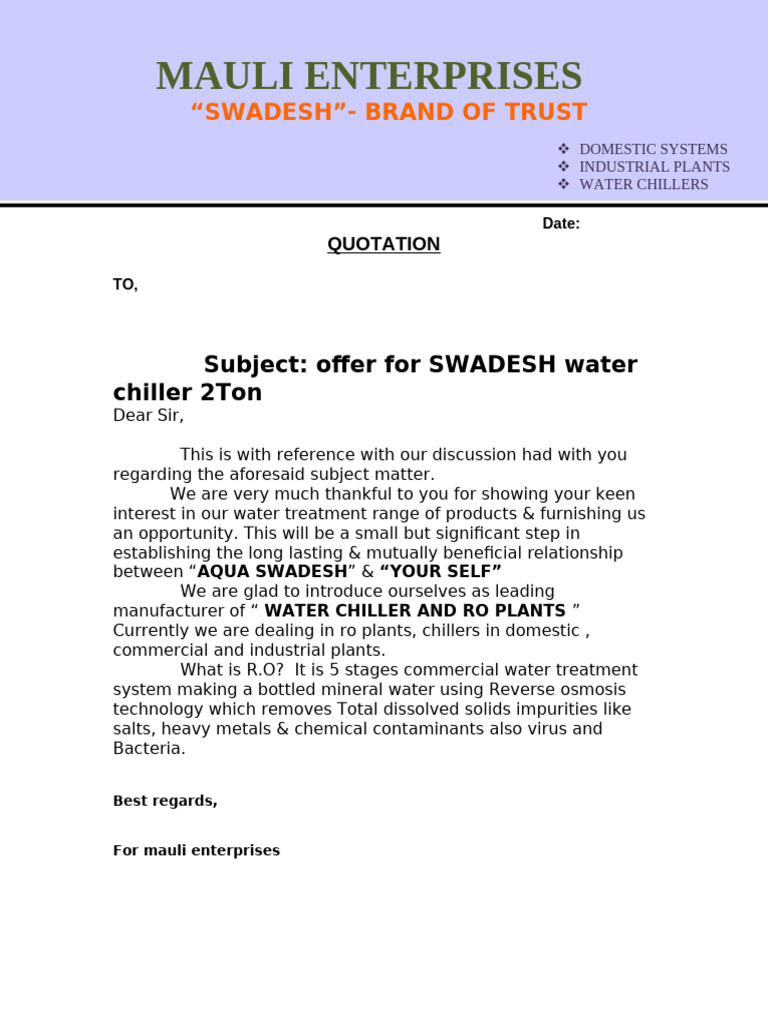 2 Ton SWADESH Water Chiller Quotation | PDF | Heat Exchanger ...
