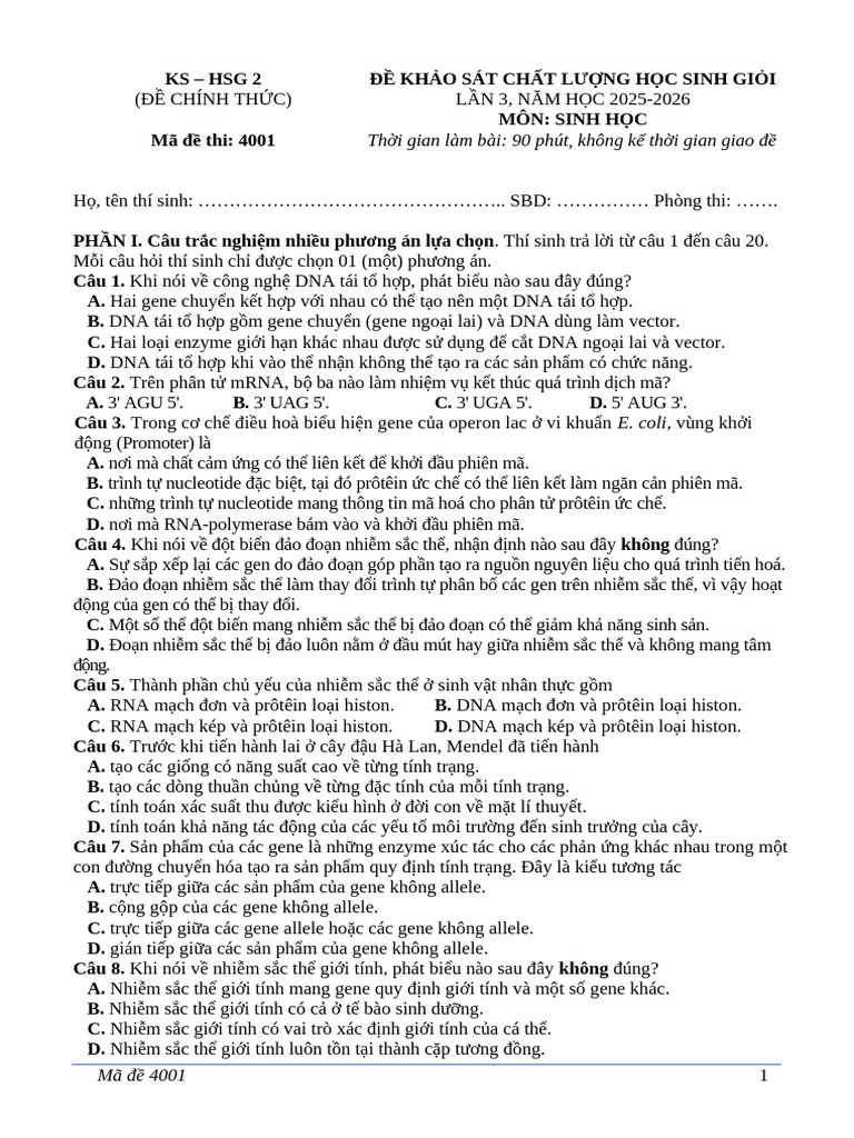 Sinh_De HSG lan 2 | PDF