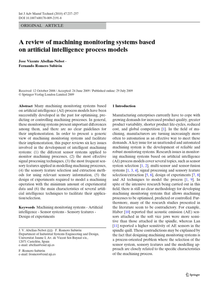 A Review of Machining Monitoring Systems Based on Artificial Intelligence Process Models | PDF ...