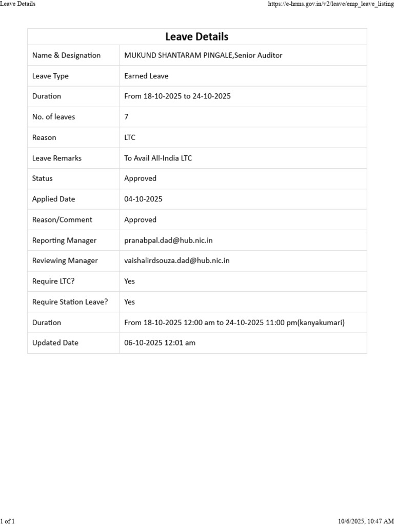 Approved Earned Leave for LTC | PDF