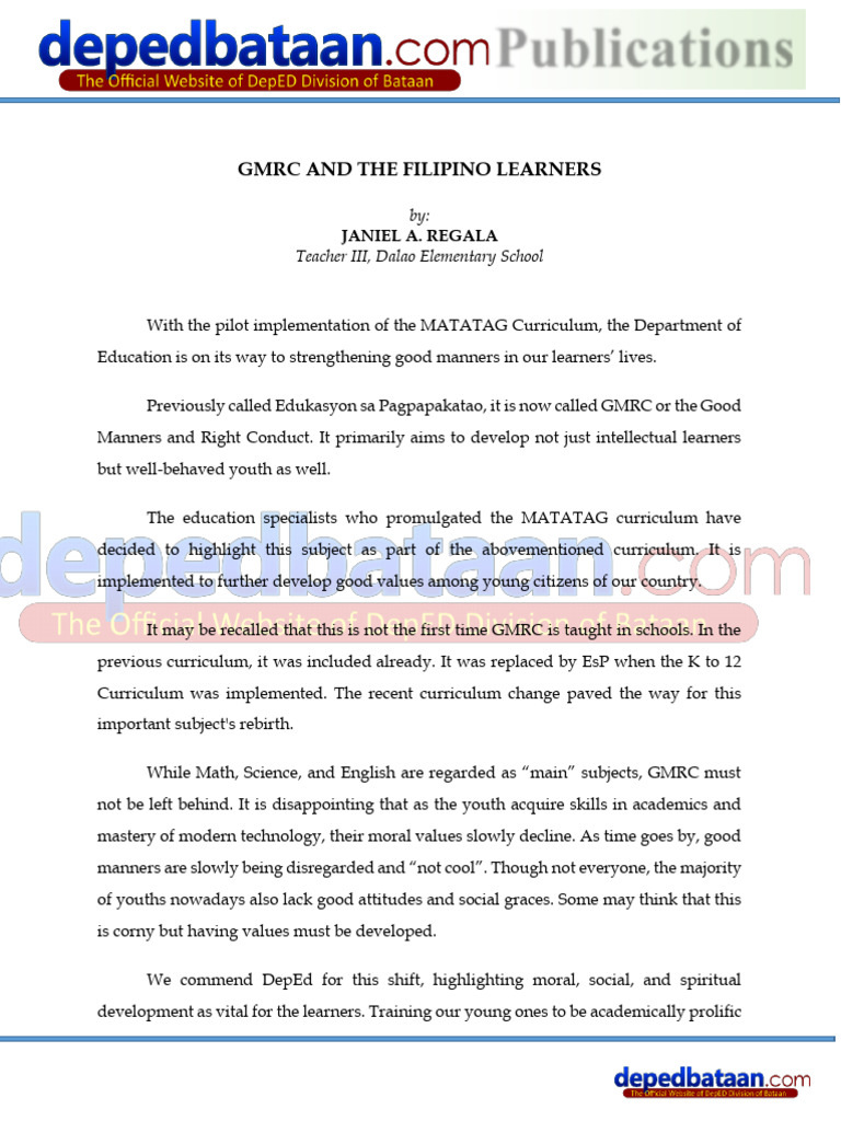Reviving GMRC for Filipino Learners | PDF | Curriculum | Learning