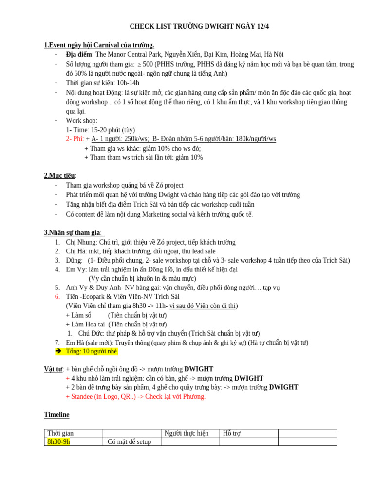 Check List Trư NG Dwight - 20250412 | PDF