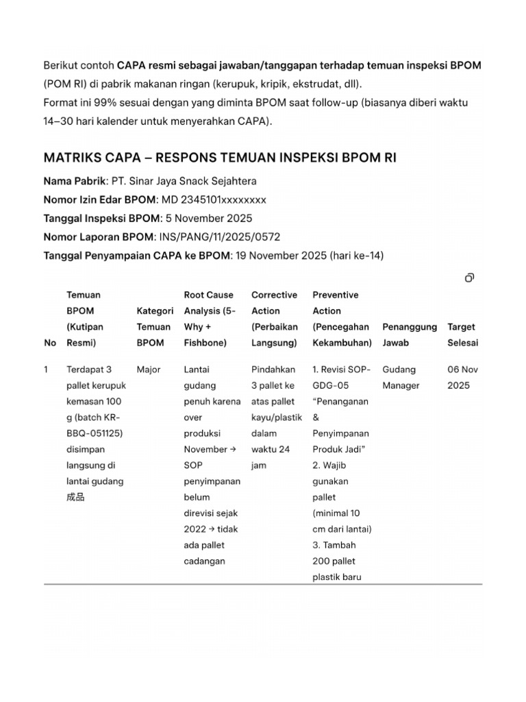 Contoh Matriks CAPA Inspeksi Temuan BPOM | PDF