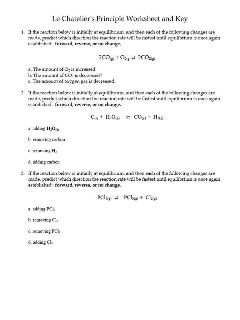 Le Chatelier's Principle Worksheet | PDF | Chemical Reactions ...